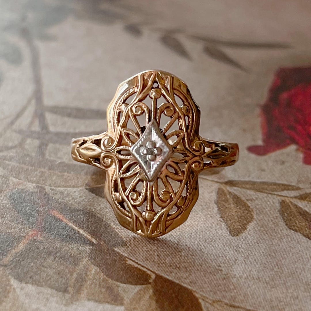 Art Deco 10k Yellow Gold Filigree Shield Ring - Etsy