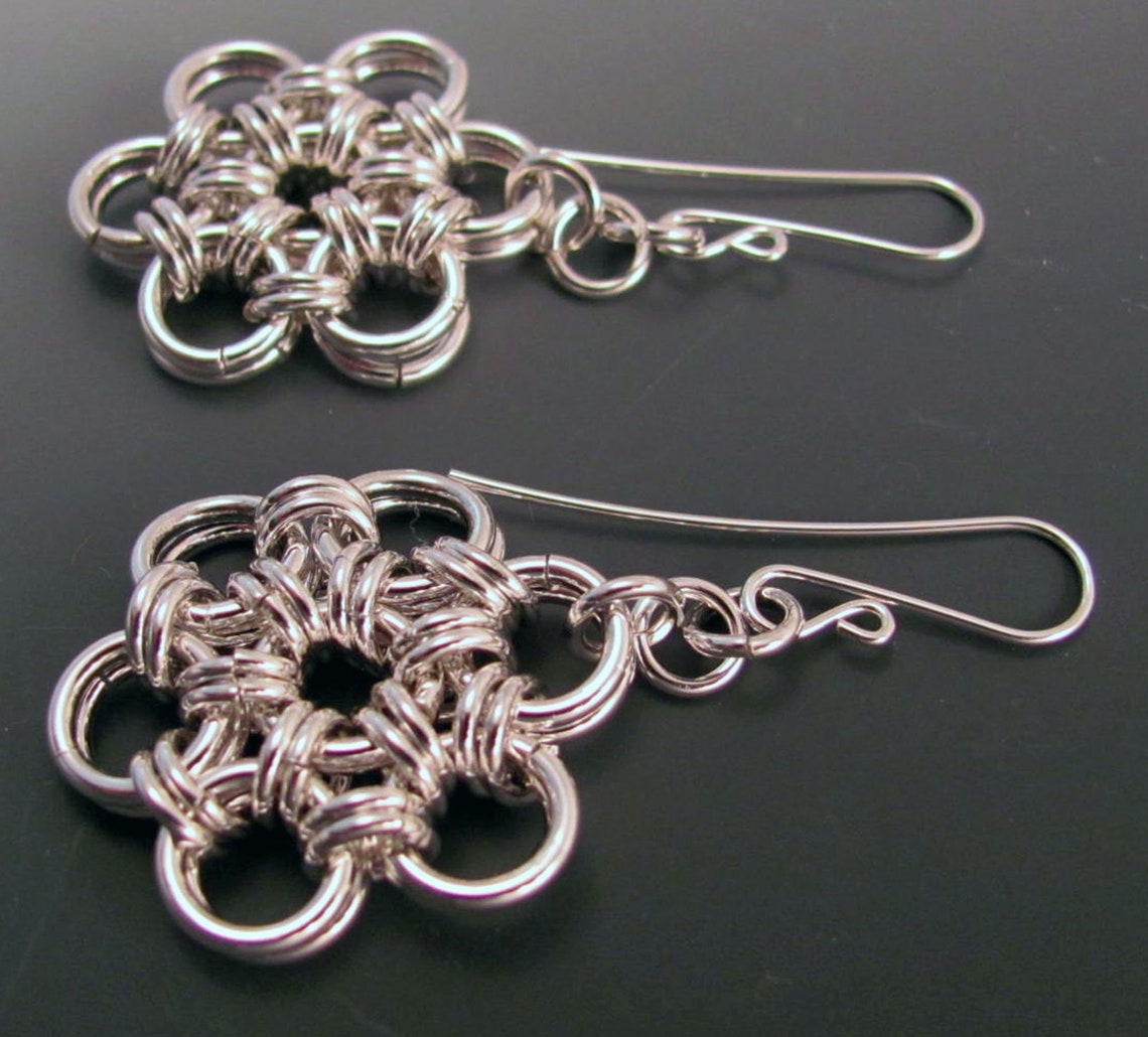 Japanese Pattern Chain Maille Earrings Sterling Silver Handmade Chain Mail - Etsy