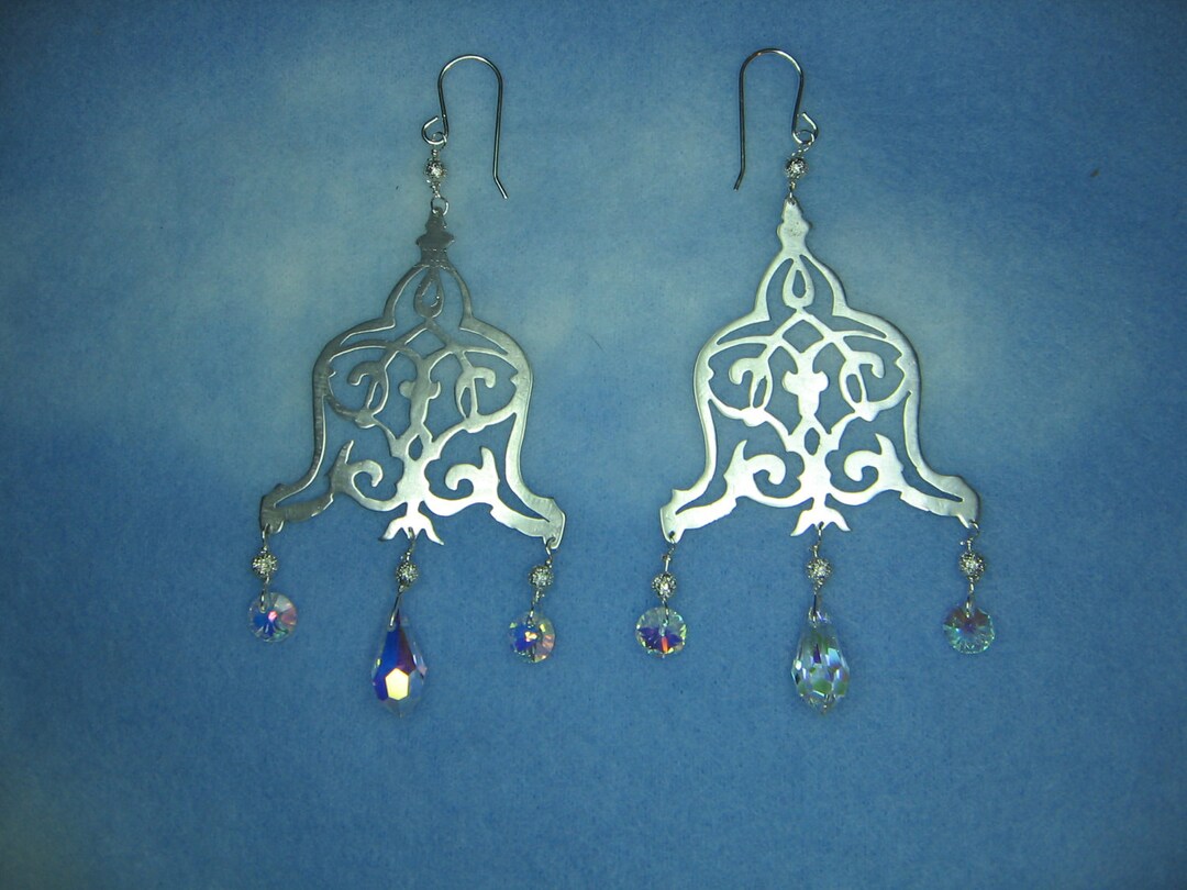 SOLD Hand Cut Sterling Silver Fretwork and Swarovski Crystal Earrings ...