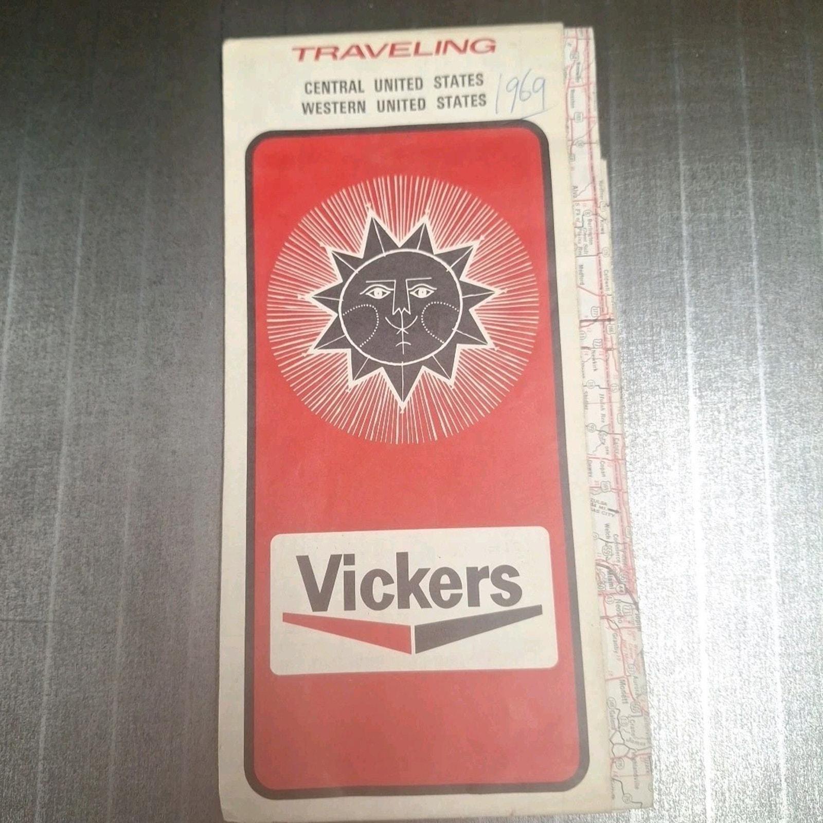 1969 VICKERS Gasoline Folding Road Map Central & Western US Highway ...