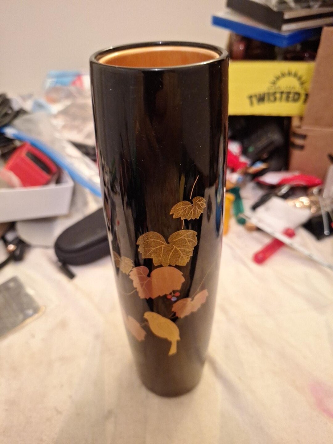 Vintage Wajima Lacquer IKEBANA FLOWER VASE Gold Painted Black With Gold ...