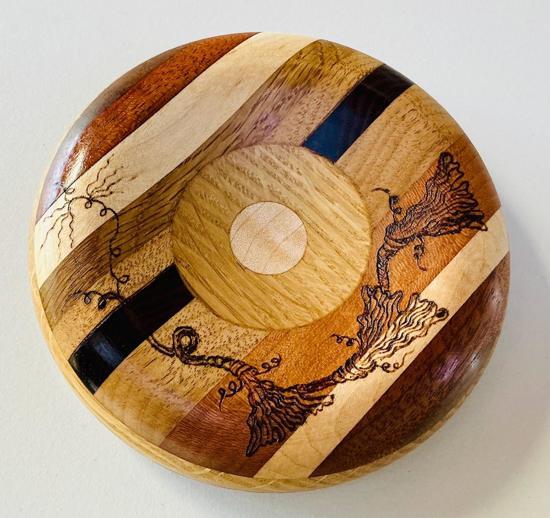 ACCEPTANCE, Hand Turned Wood Spindle Bowl With Tiny Hearts and Ginko ...