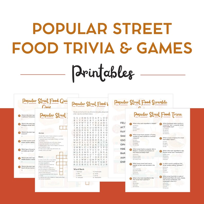 Popular Street Food Themed Printable Games, Group Games, Trivia Games ...