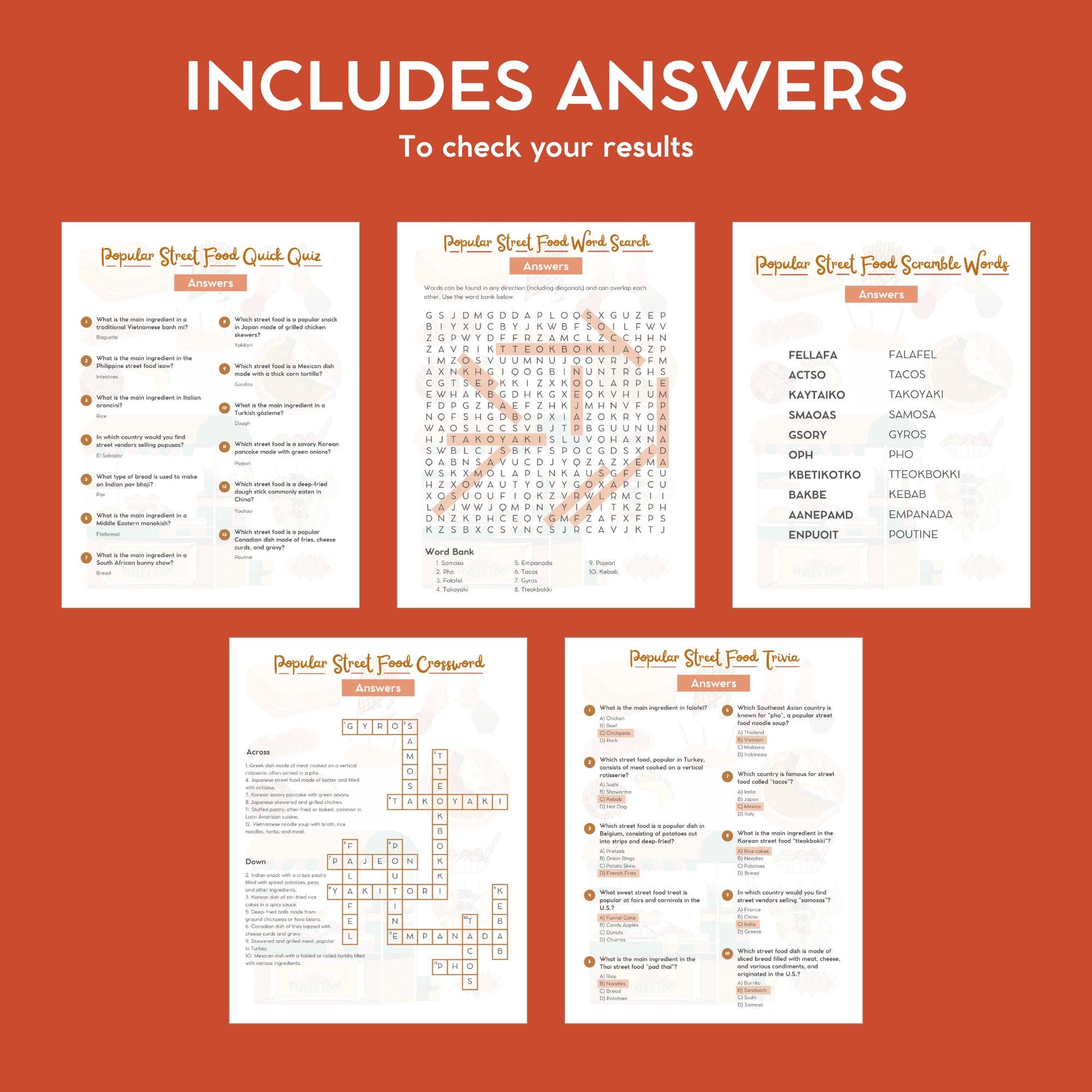 Popular Street Food Themed Printable Games, Group Games, Trivia Games ...
