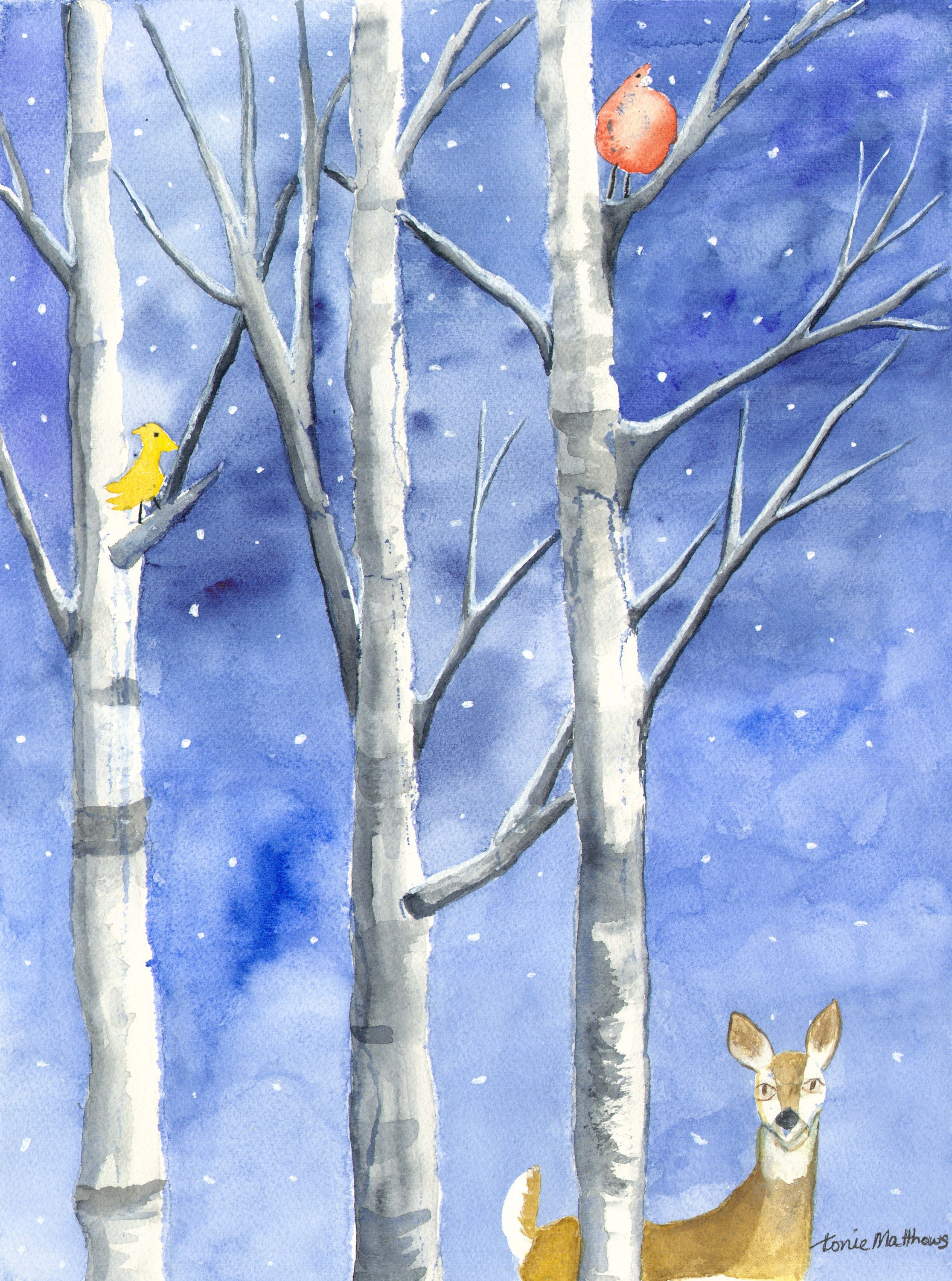 Birch Trees Deer & Birds Greeting Card - Etsy