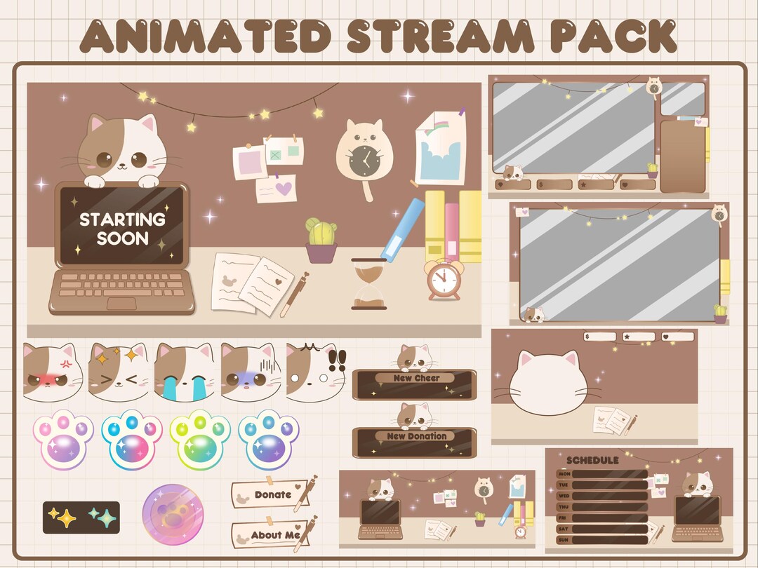 Cat Study Room Twitch Animated Stream Package | Overlay Package ...