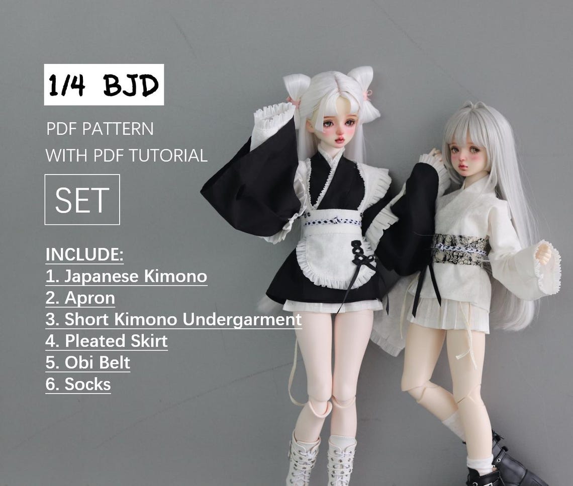 1/4 BJD Doll Clothes PDF Sewing Pattern : Japanese Kimono, Apron,obi ...