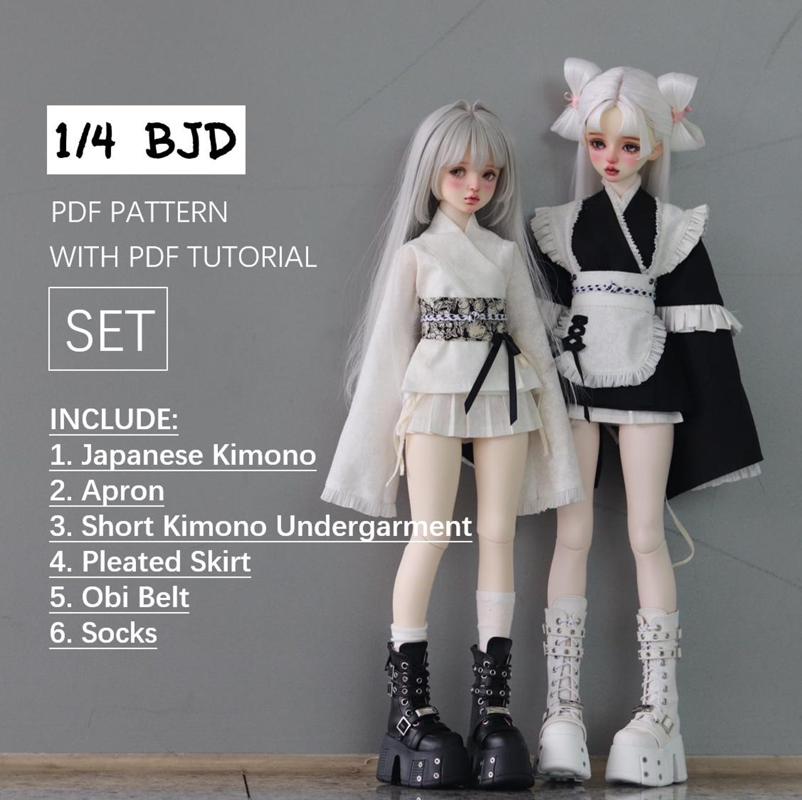 1/4 BJD Doll Clothes PDF Sewing Pattern : Japanese Kimono, Apron,obi ...