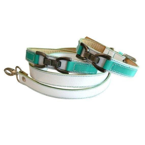 Cool Leather Dog Leash Lead White With Turquoise - Etsy