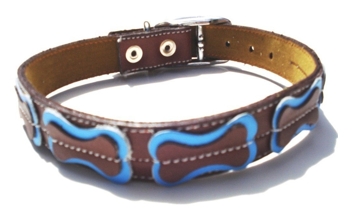 Cool Dog Collar Brown With Bones Light Blue - Etsy