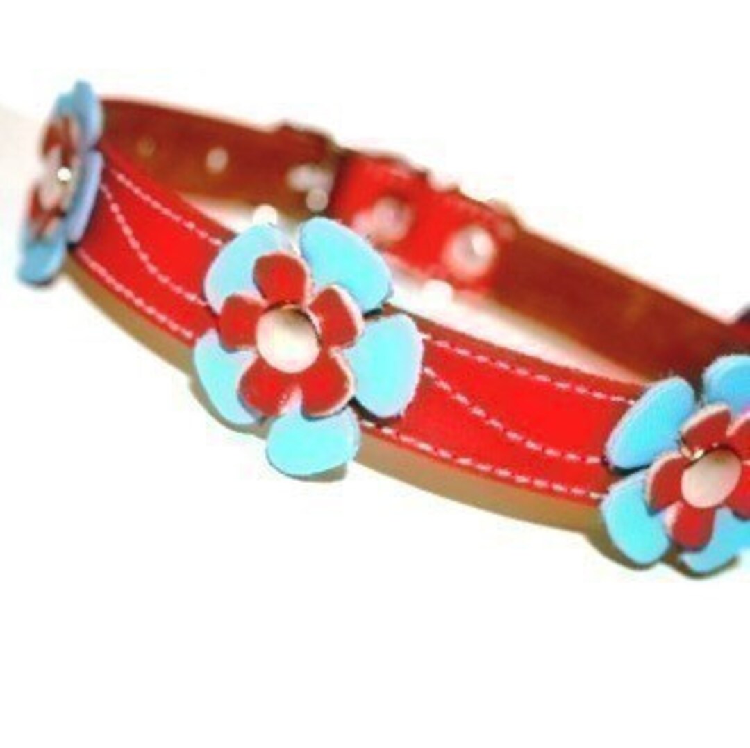 Cool Leather Dog Collar - Red With Light Blue and Red Flowers - Etsy