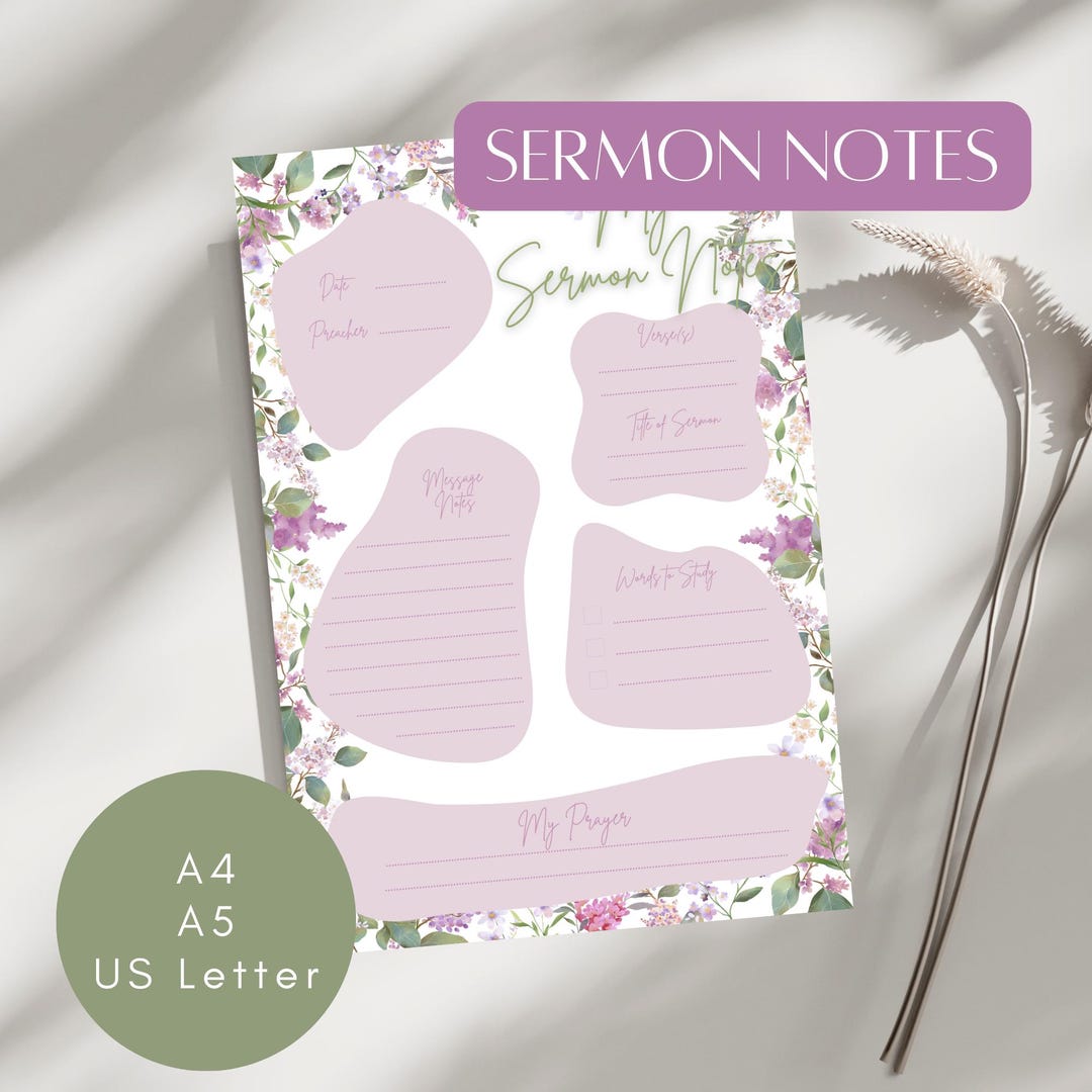 Floral Sermon Notes A4 A5 US Letter | Printable Bible Study Template ...