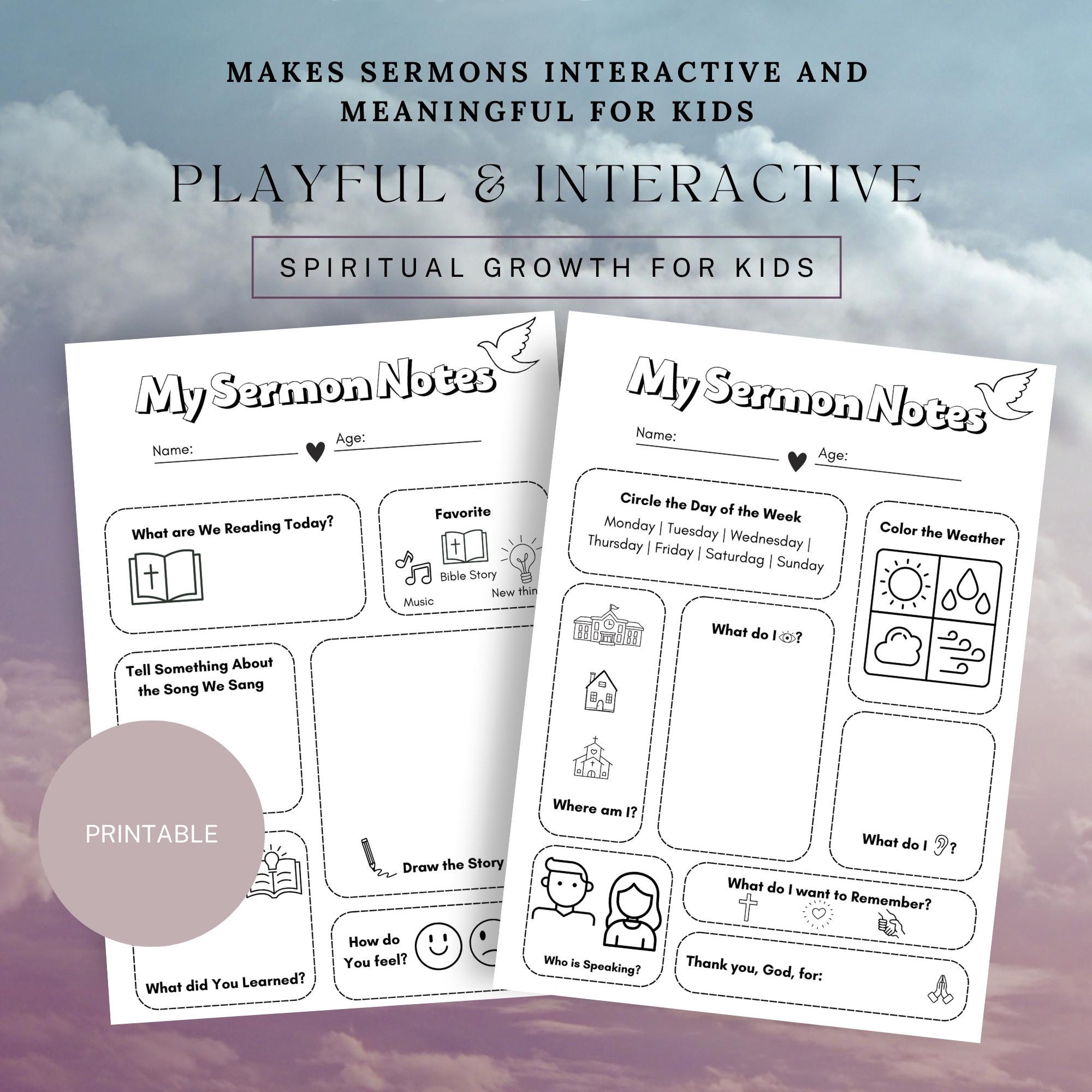 Interactive Kids Sermon Notes Printable | Bible Activity Sheets for ...