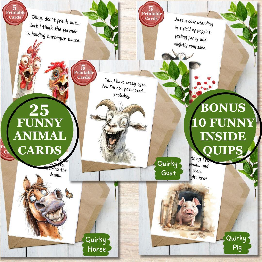 Digital Downloads Printable Cards, 25 Funny and Quirky Barnyard Animal ...