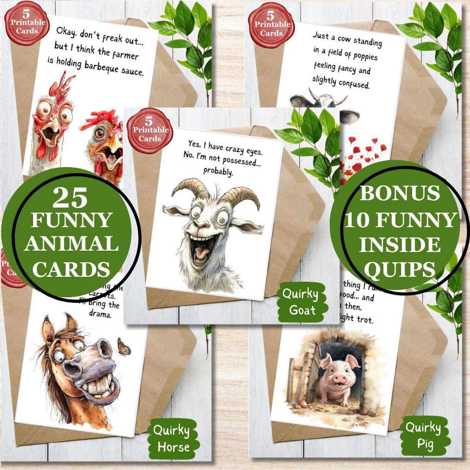 Digital Downloads Printable Cards, 25 Funny and Quirky Barnyard Animal ...