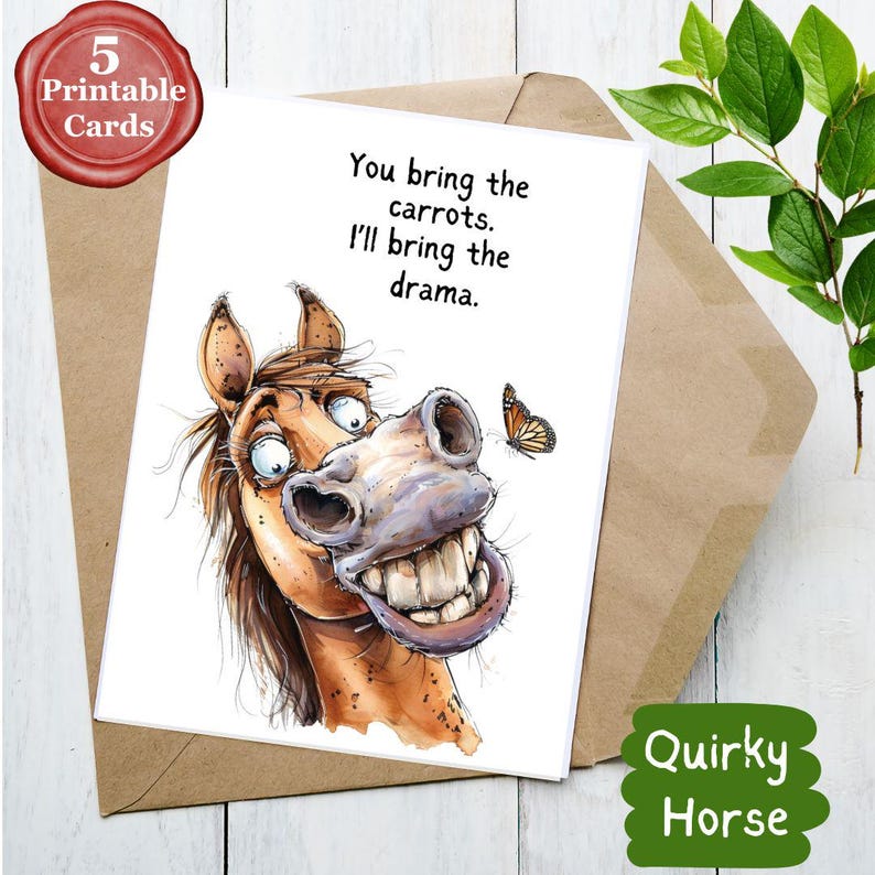 5 Quirky and Funny Horse Cards 5x7 Digital Downloads Printable for Any ...
