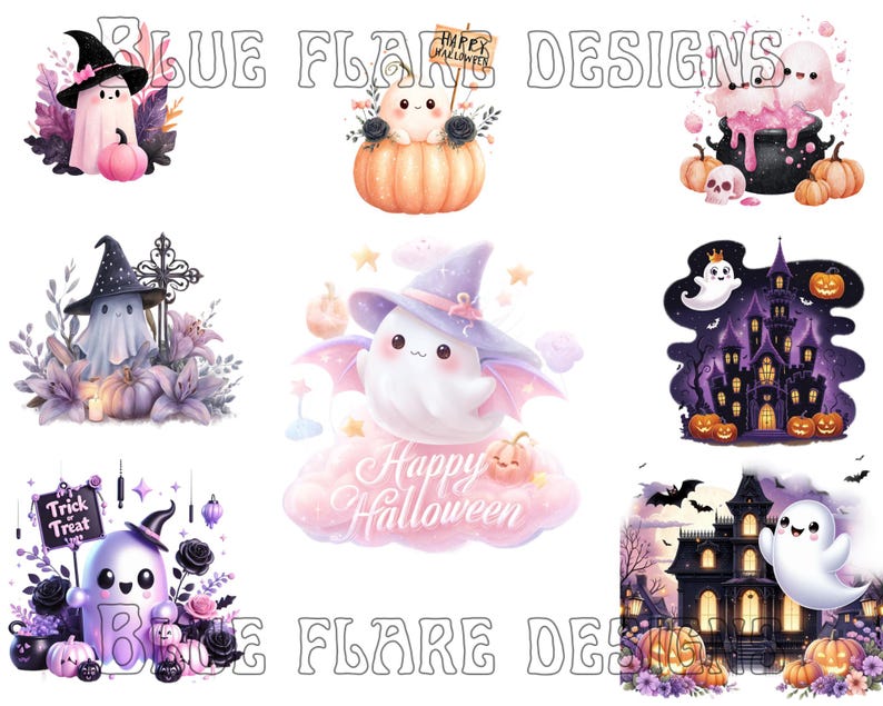 Pink Pastel Goth Halloween Ghost PNG Bundle -cute Spooky Kawaii Ghost ...