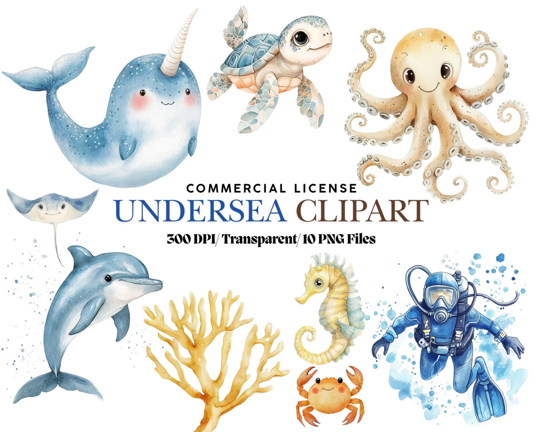 Undersea Watercolor Clipart Bundle PNG -cute Ocean Animals Nursery ...