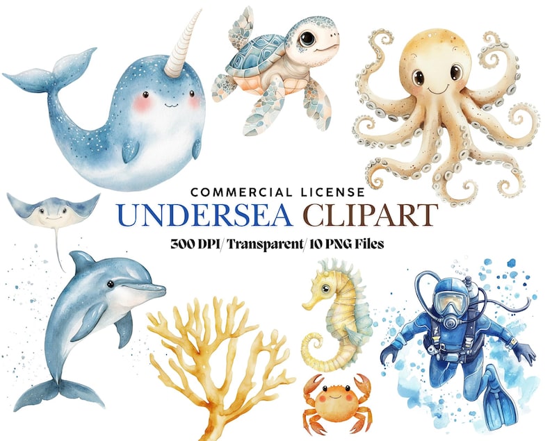 Undersea Watercolor Clipart Bundle PNG -cute Ocean Animals Nursery ...