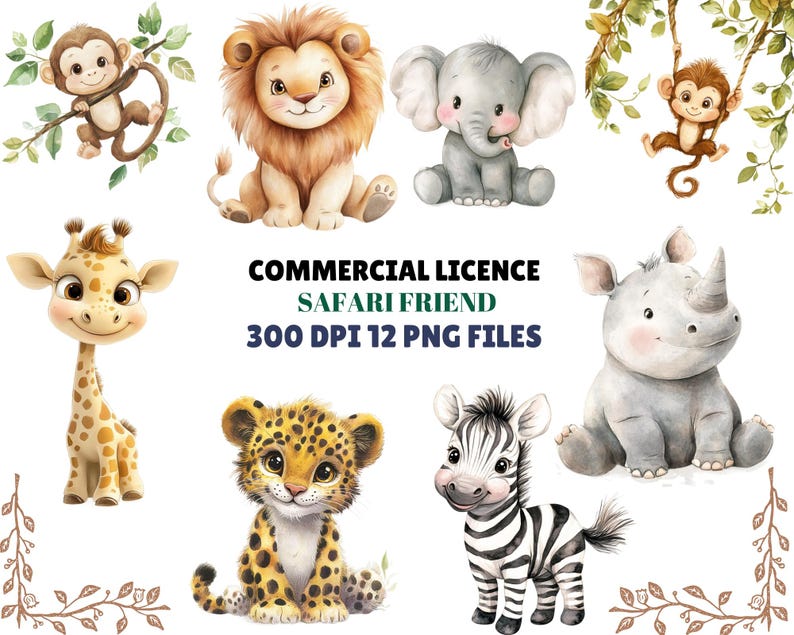 12 Safari Animals Clipart, Lion, Giraffe, Nursery Art, Jungle Animals ...