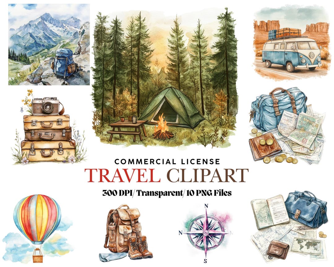 Travel Clipart Bundle Holiday Clipart Summer Camping Png Watercolour ...