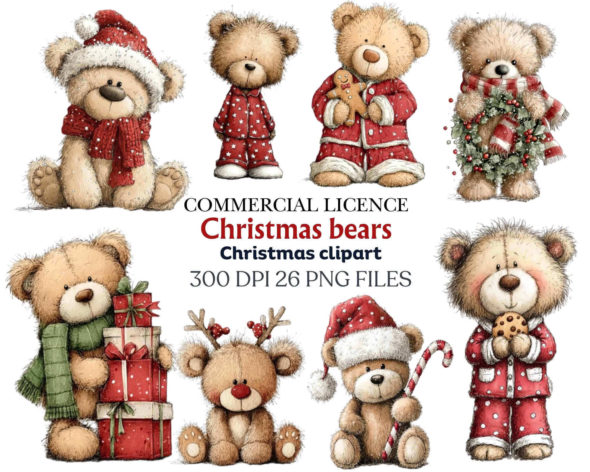 Christmas Teddy Bear Clipart -whimsical Christmas PNG Bundle ...