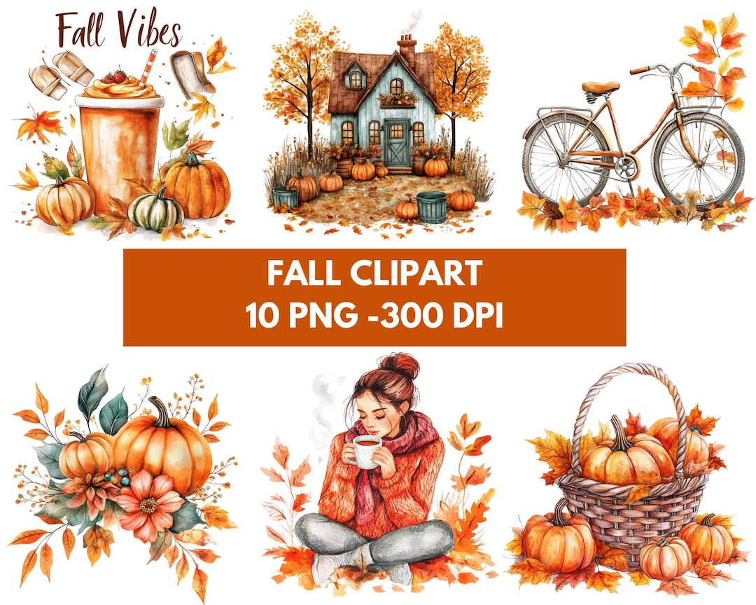 Watercolor Fall Clipart Bundle of 10 Thanksgiving Pngs Autumn Pumpkin ...