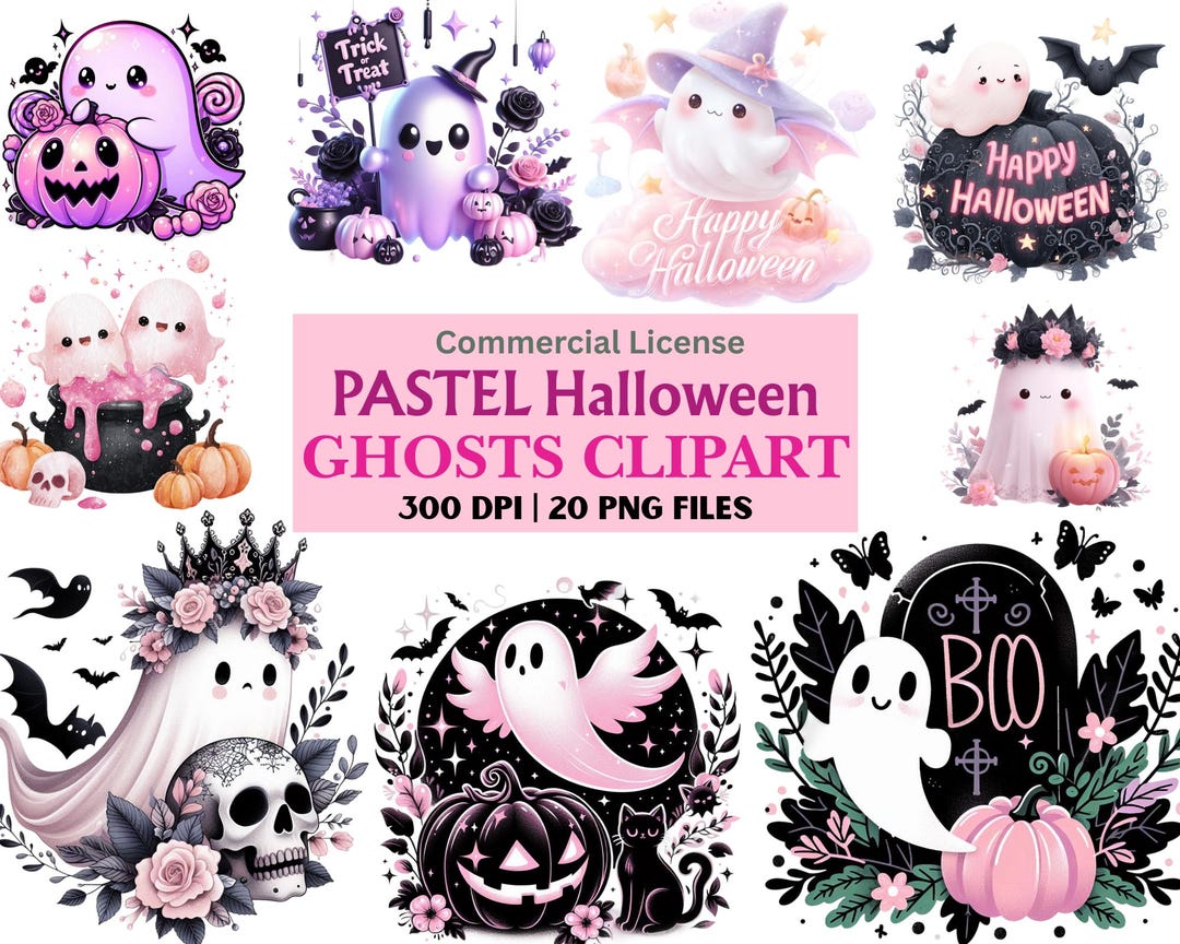 Pink Pastel Goth Halloween Ghost PNG Bundle -cute Spooky Kawaii Ghost ...