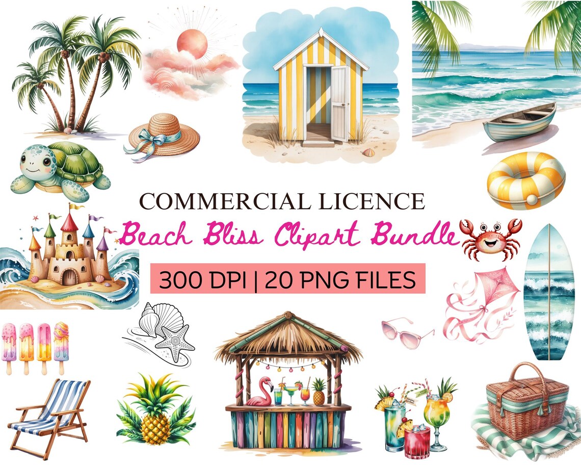 Watercolor Beach Clipart -summer Clipart Bundle -holiday Beach PNG ...