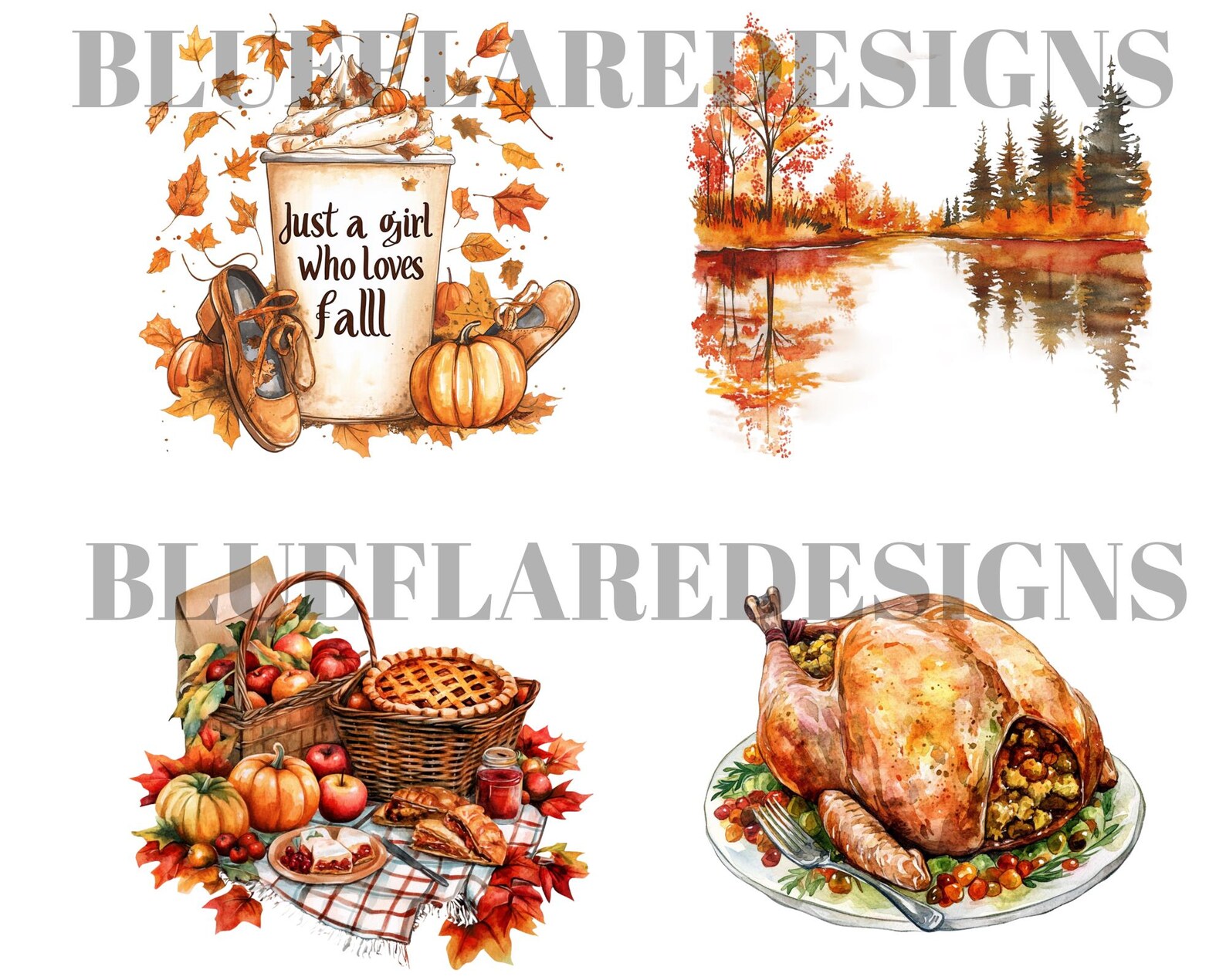 Watercolor Autumn Clipart Bundle of 8 Thanksgiving Pngs Pumpkin Spice ...