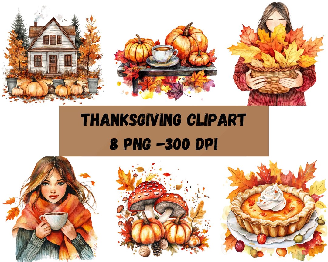 Watercolor Fall Clipart Bundle of 8 Thanksgiving Pngs Autumn Leaves ...
