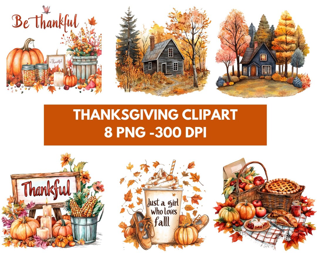 Watercolor Autumn Clipart Bundle of 8 Thanksgiving Pngs Pumpkin Spice ...
