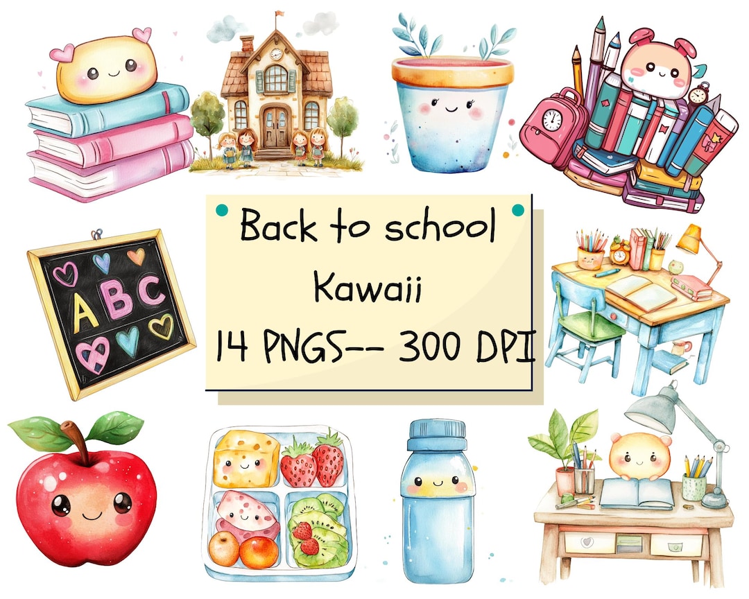 Back to School PNG, School Clipart Bundle, Cute School Supplies, Kawaii ...