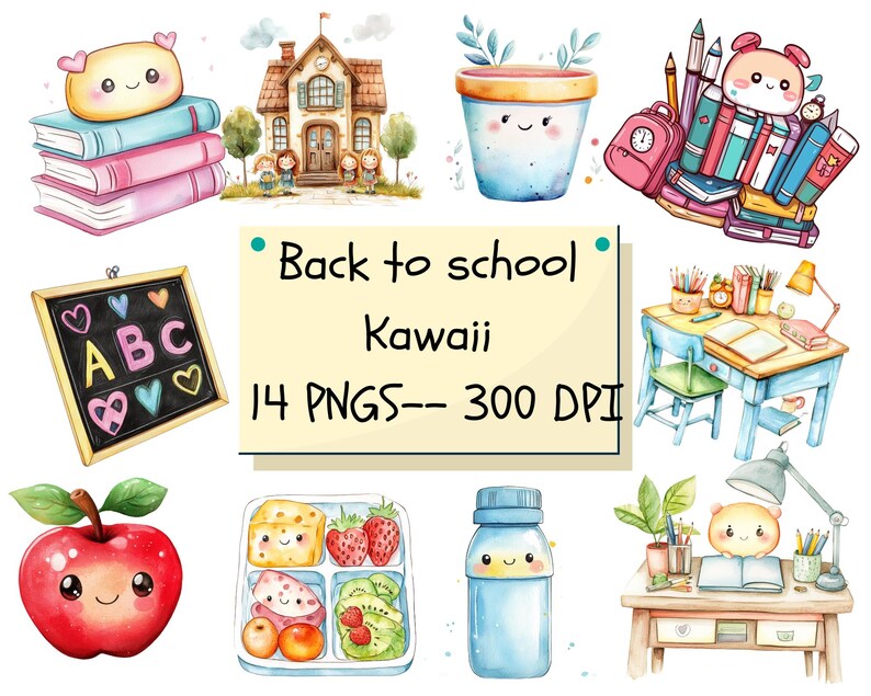 Back to School PNG, School Clipart Bundle, Cute School Supplies, Kawaii ...