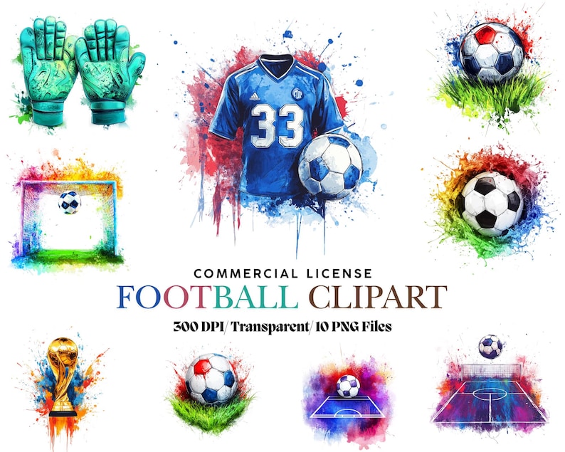 10 Watercolor Football Clipart, Soccer Clipart, Clipart Bundle ...