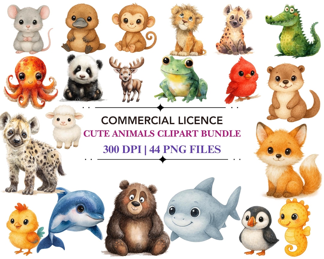 Watercolor Cute Animal Clipart Bundle -baby Animal Pngs for Crafting ...