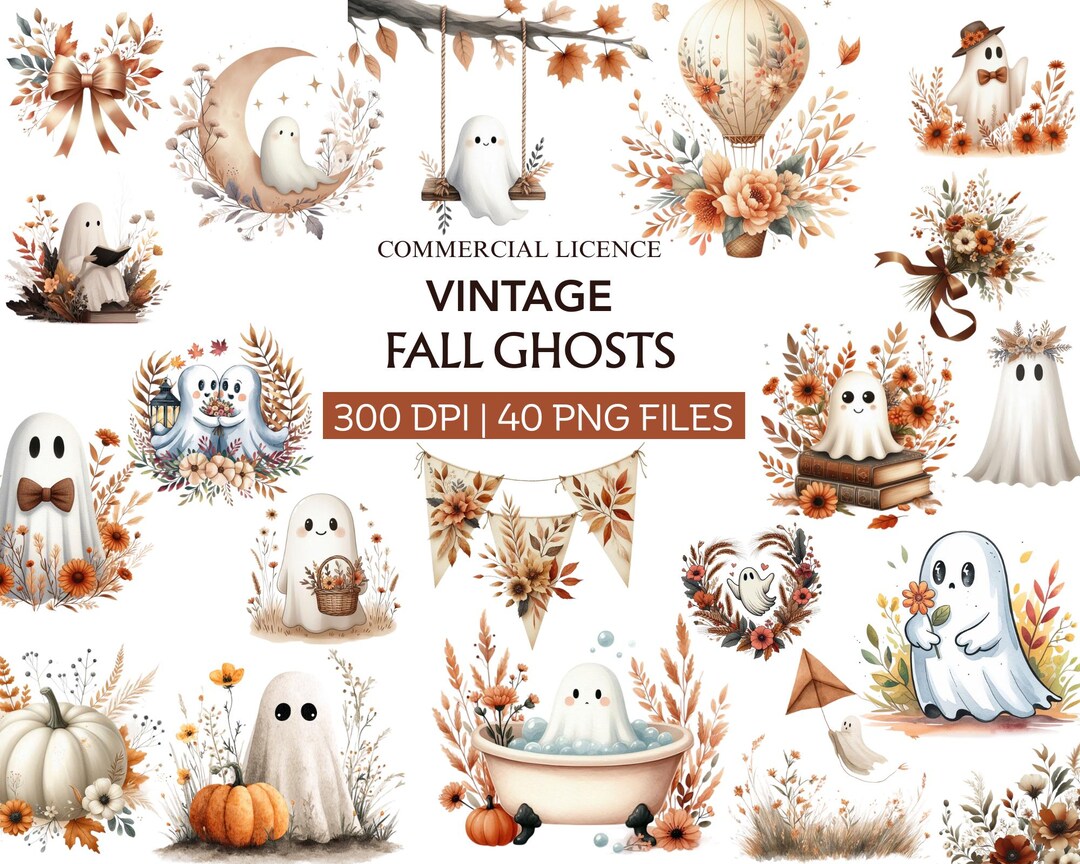 Vintage Fall Ghost Clipart Bundle - Boho Halloween Pngs - Watercolor ...