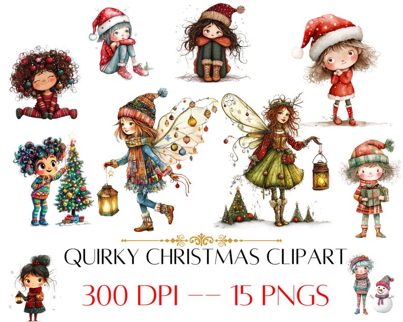 Whimsical Clipart, Quirky Girl Christmas Clipart, Christmas Lantern ...