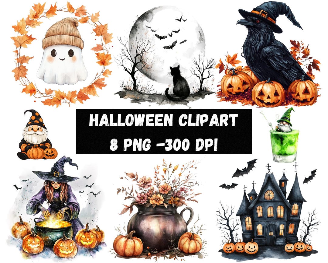 Watercolor Halloween Clipart Bundle of 8 PNG Halloween Gnome Witch Cute ...