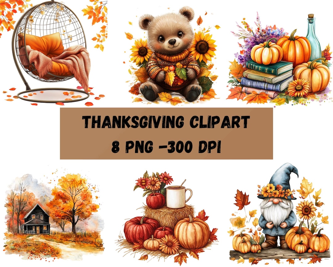 Watercolor Fall Clipart Bundle of 8 Thanksgiving Pngs Teddy Bear ...