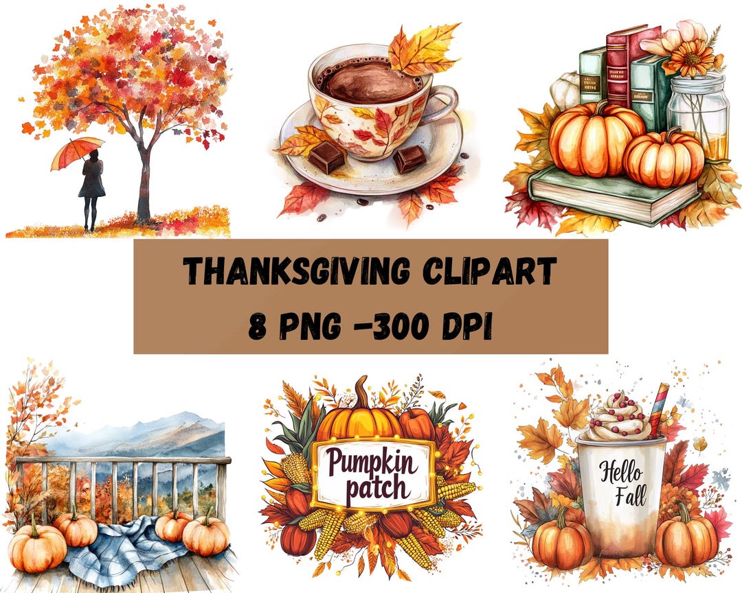 Watercolor Fall Clipart Bundle of 8 Thanksgiving Pngs Pumpkin Spice ...