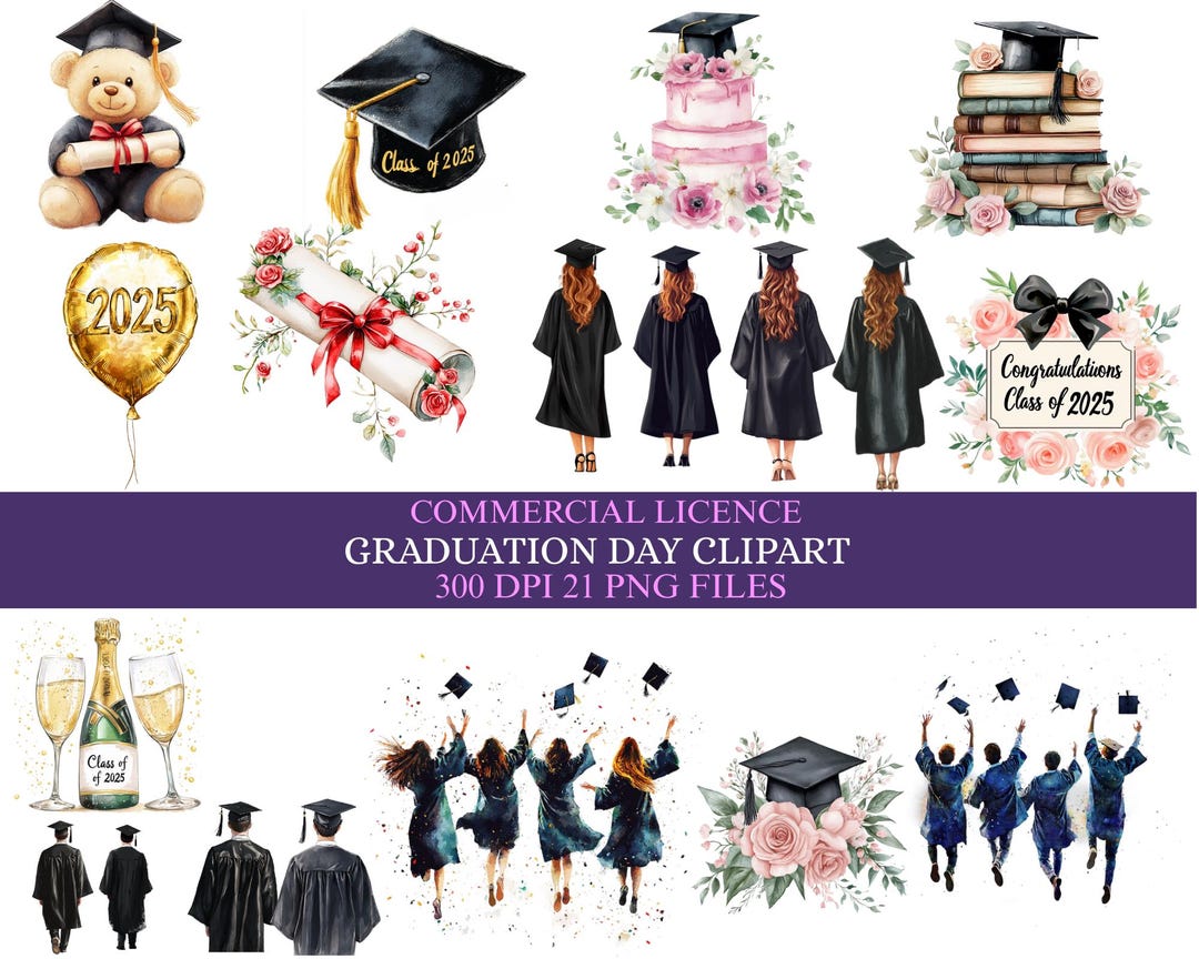 Watercolor Graduation Clipart -graduation PNG Clipart Bundle -class of ...