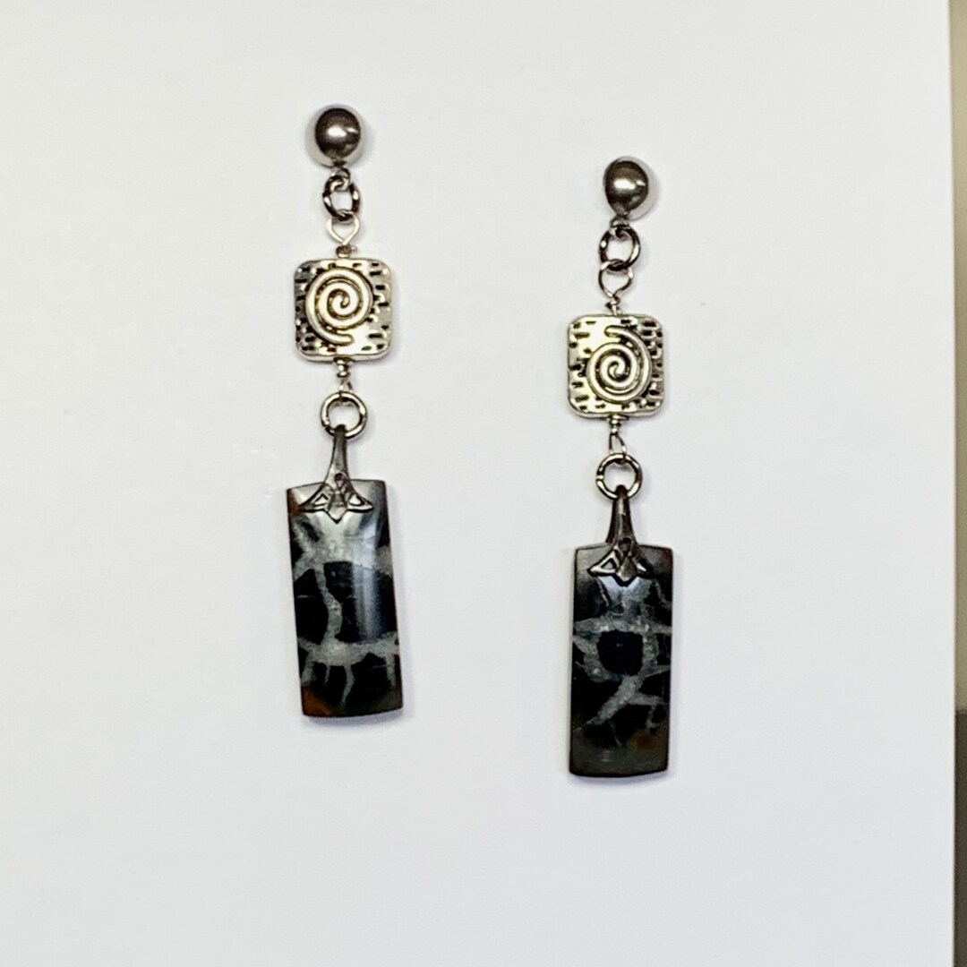 Earring-septarian Fossil With Pewter Ethnic Square and Stainless Steel ...