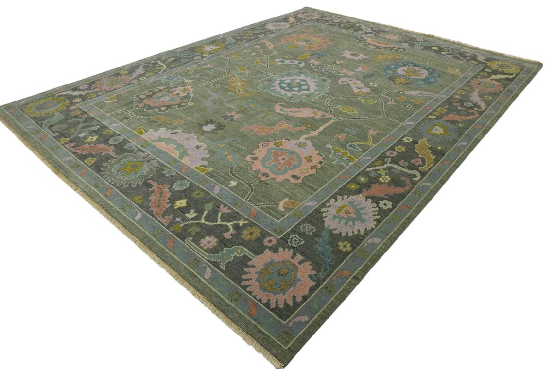 Dusty Sage Green Wool Rug: Hand-knotted Turkish Oushak Design - Etsy