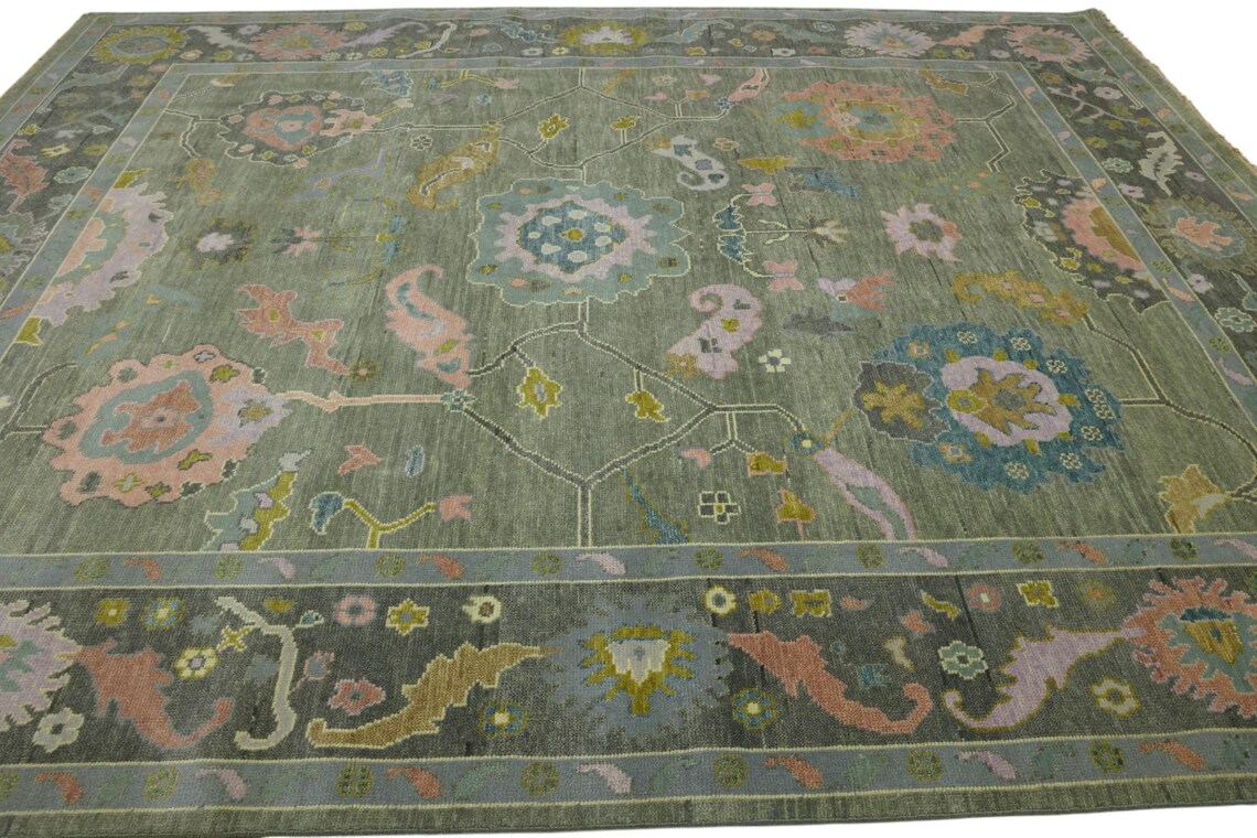 Dusty Sage Green Wool Rug: Hand-knotted Turkish Oushak Design - Etsy