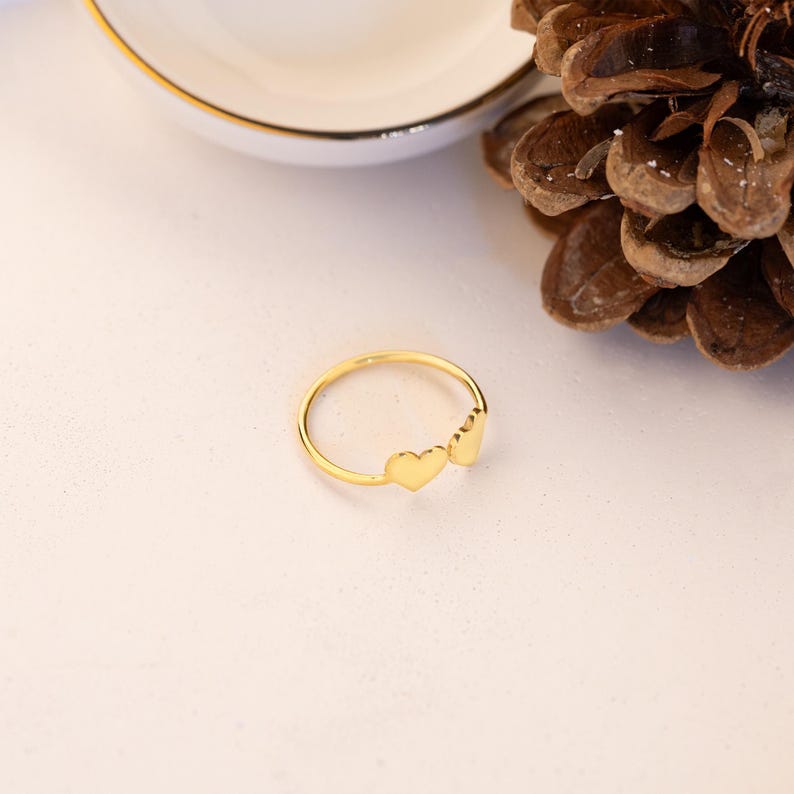 Two Heart Ring: 14K Gold Plated Sterling Silver Adjustable Love Ring - Etsy