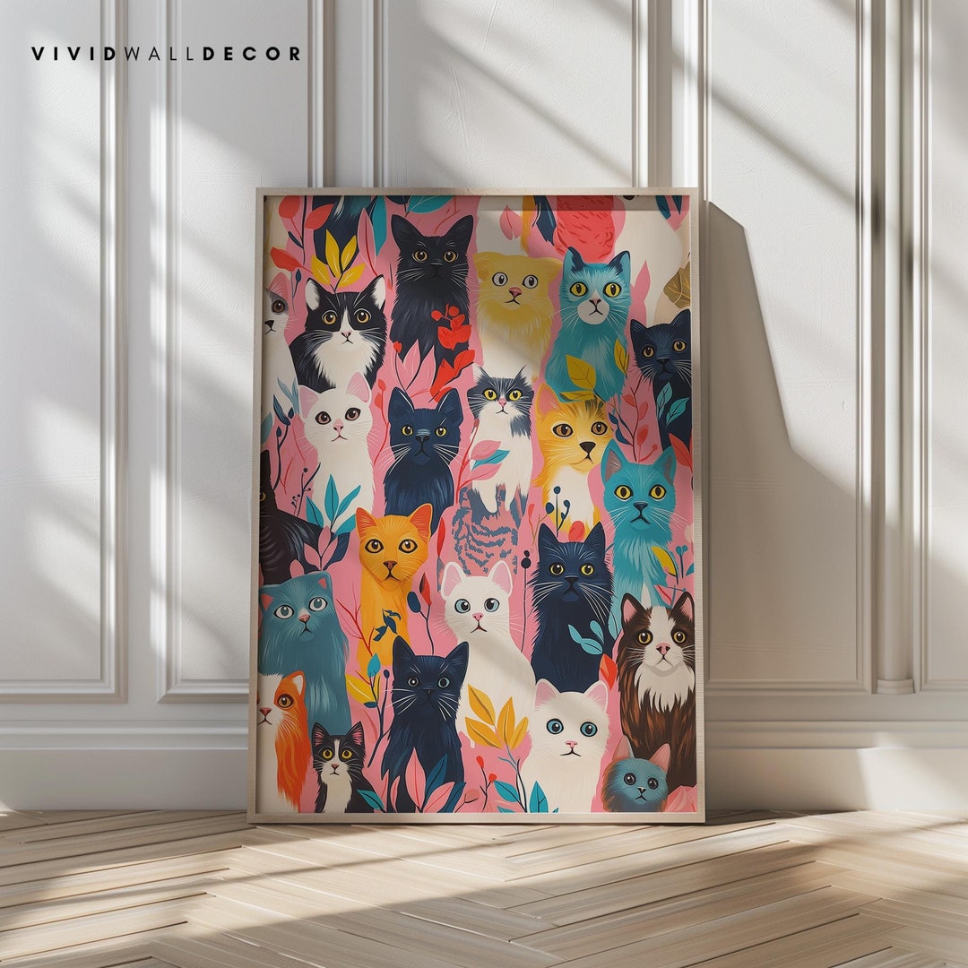 Feline Paradise Cat Print Whimsical Cat Wall Art Colorful Cats Art ...