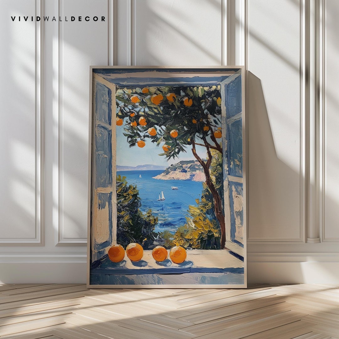 Window View Orange Tree Painting Mediterranean Coastal Art Citrus ...