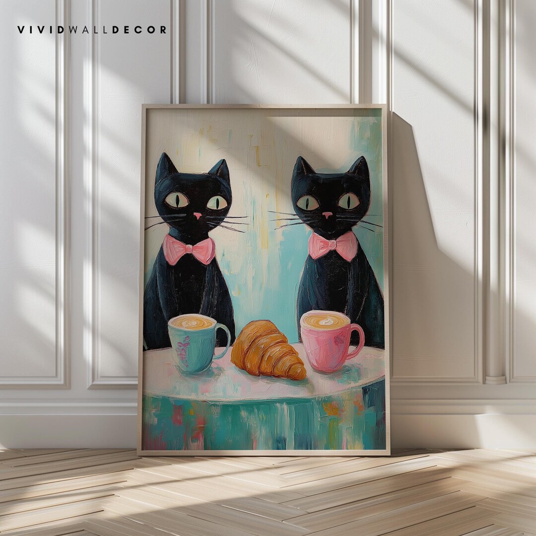 Whimsical Black Cat Cafe Art Print Cute Cats With Coffee and Croissant ...