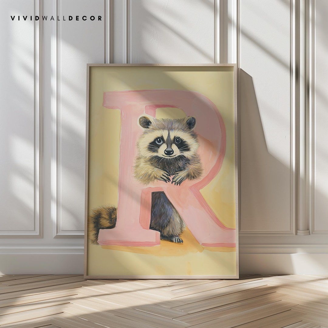Raccoon Alphabet Letter R Nursery Wall Decor Cute Animal Print for Kids ...